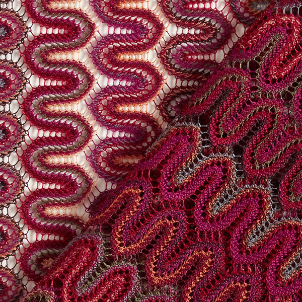 Wave patterned lace fabric dark red